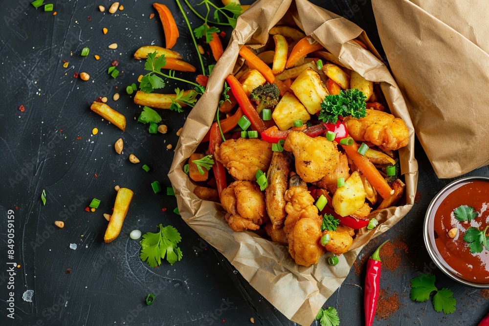 Irish spice bag take away food with potato fries, fried chicken ...
