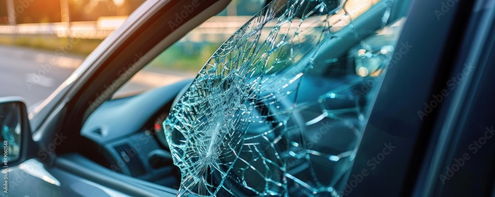 Broken car window with shattered glass, depicting the aftermath of a ...