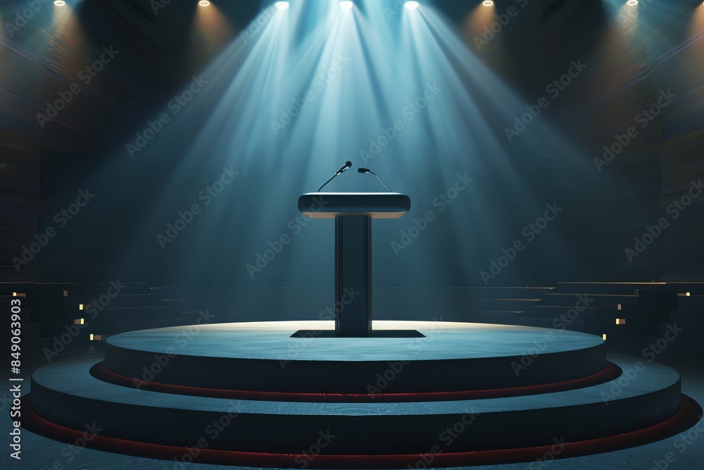 Empty podium illuminated by rays of light on a stage, creating a ...