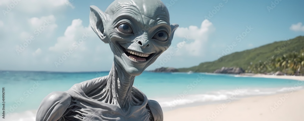 Smiling humanoid grey alien at the beach with sea in background ...