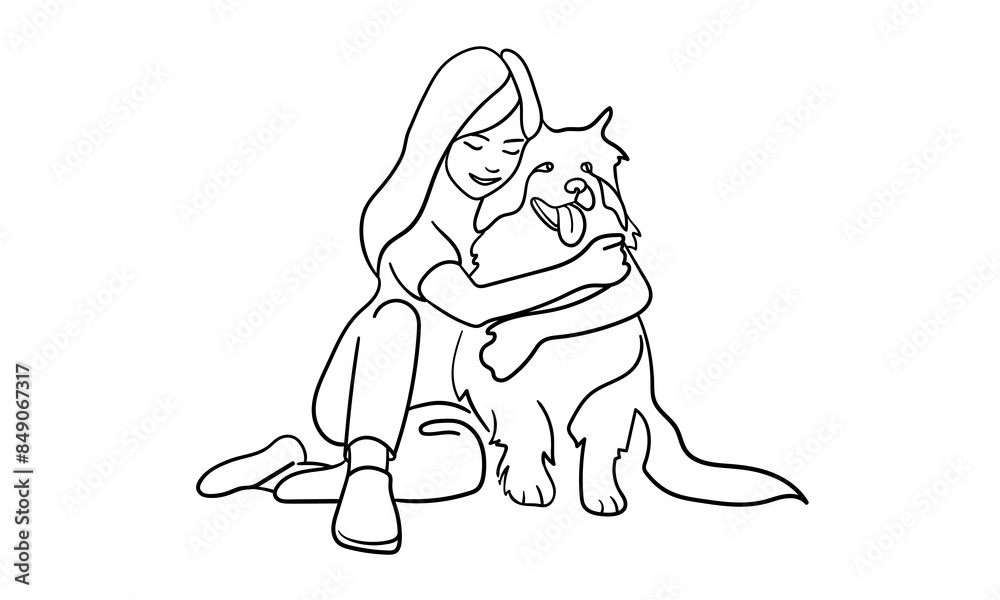 Girl hugging her dog continuous line art drawing isolated on white ...