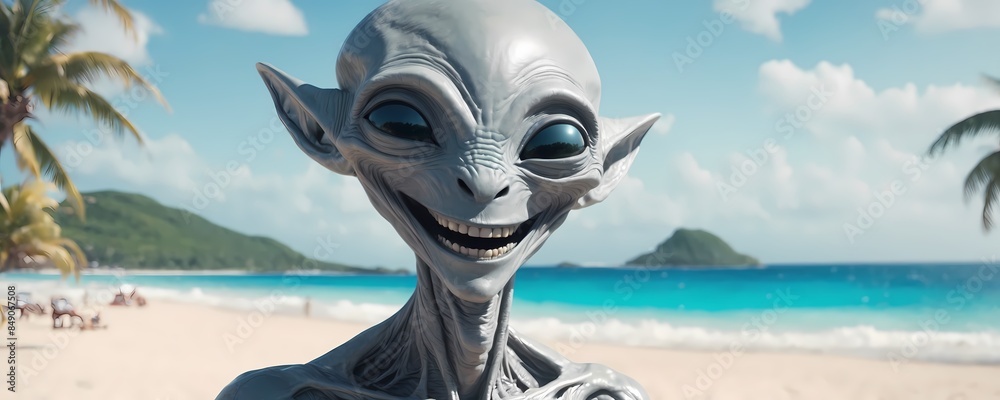 Smiling humanoid grey alien at the beach with sea in background ...