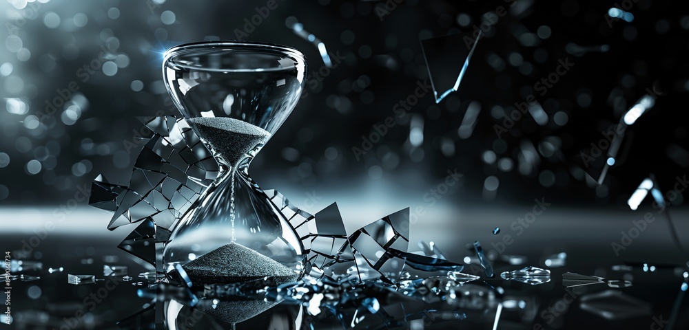 Shattered clock face with broken gears and glass pieces scattered ...