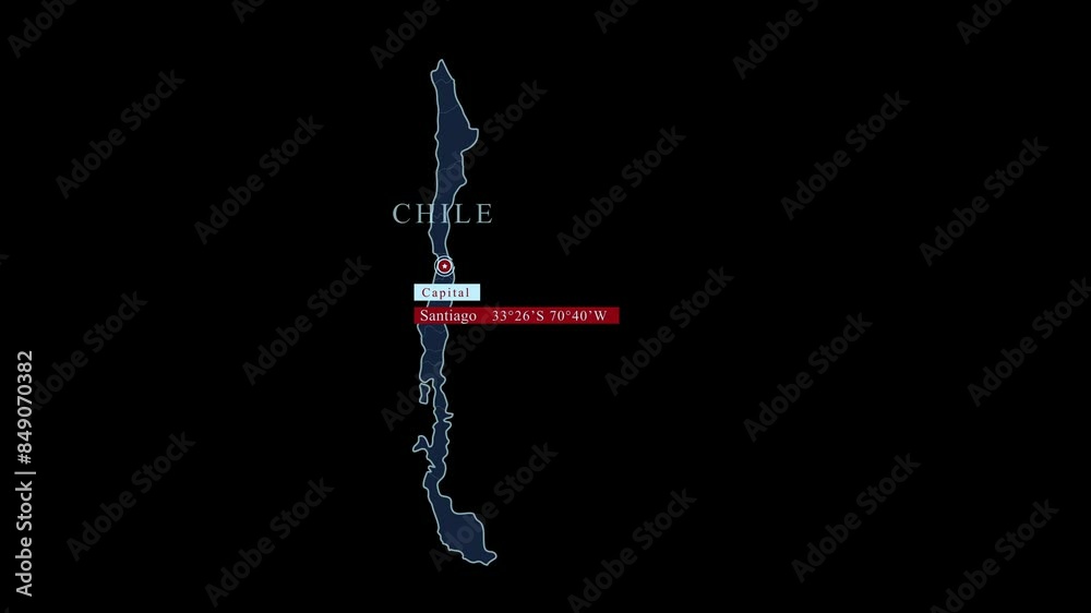 Stylized Chile map with capital city and geographic coordinates on ...