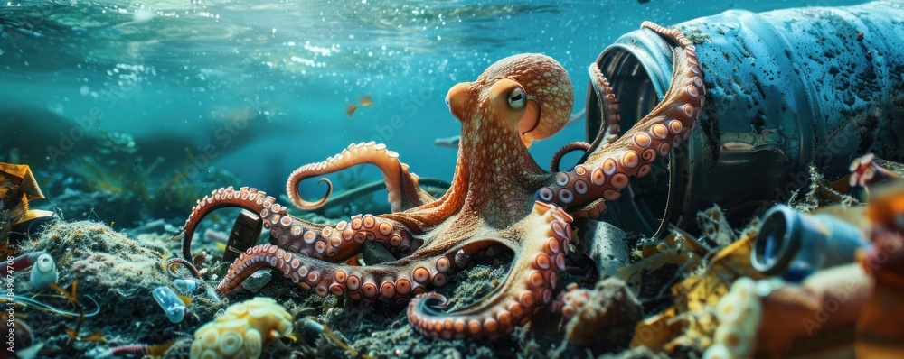 Octopus entangled with underwater trash and metal can, highlighting ...
