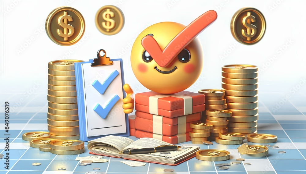 A cartoon smiley face with a checkmark on its forehead. It is holding a ...