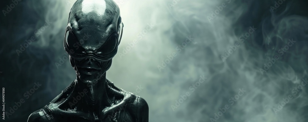 Scary gray alien with large black eyes, emerging from a misty, dark ...