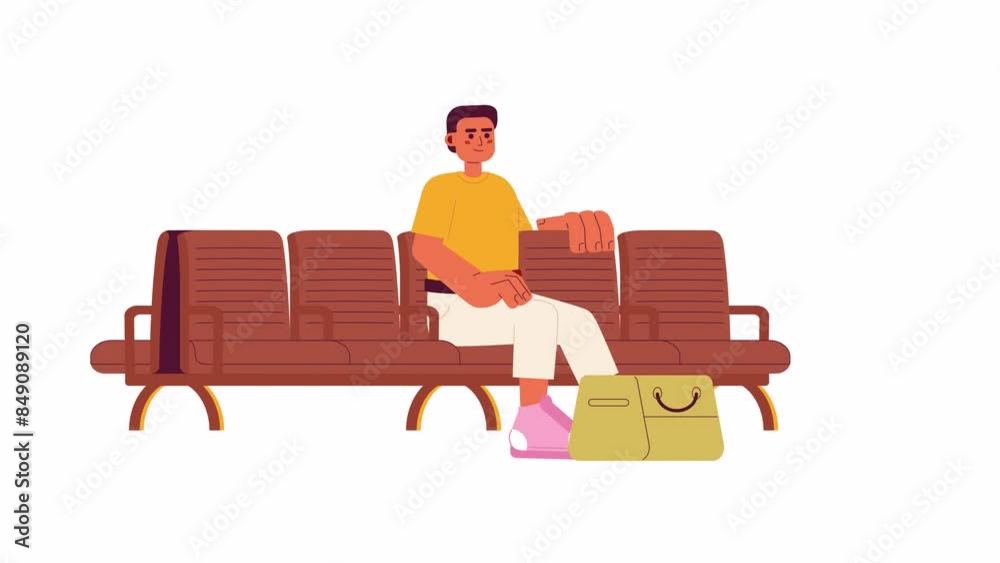 Hispanic man passenger in waiting hall 2D character animation. Airport ...