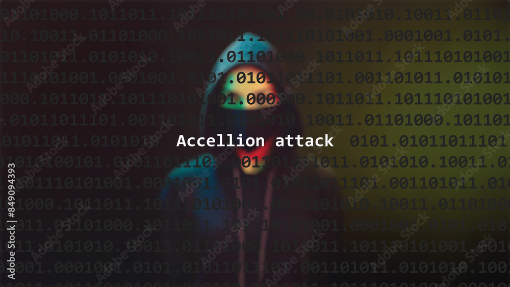 Cyber attack accellion attack text in foreground screen, anonymous hacker hidden with hoodie in ...