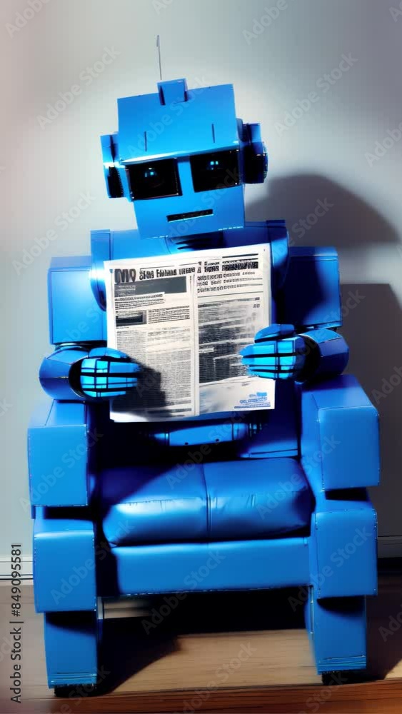 A blue robot sits on a matching blue armchair, engrossed in reading a ...