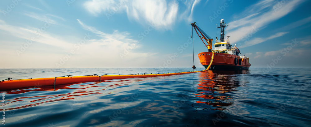 An offshore vessel engaged in an oil spill response exercise, using a ...