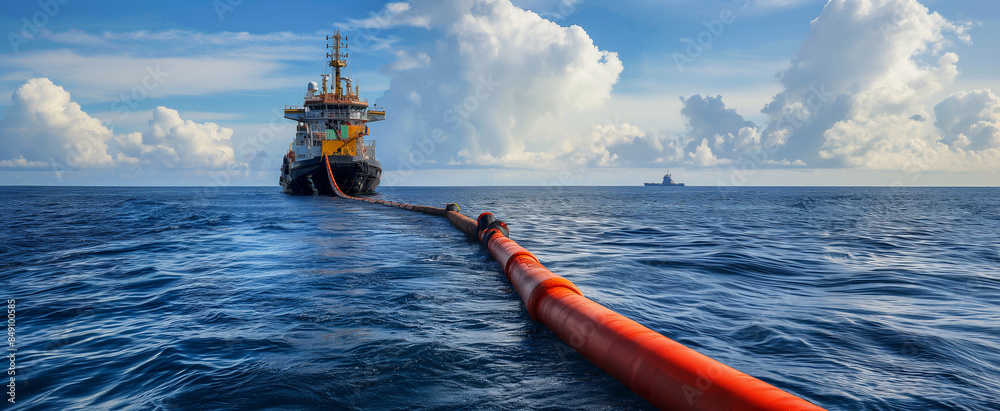 An offshore vessel engaged in an oil spill response exercise, using a ...
