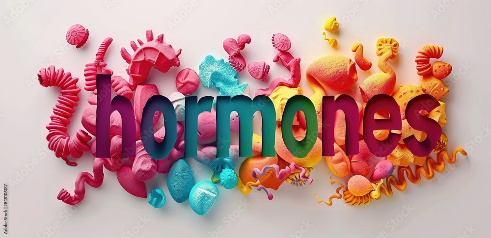 Hormones text with colorful abstract shapes. Focus on medical concept ...