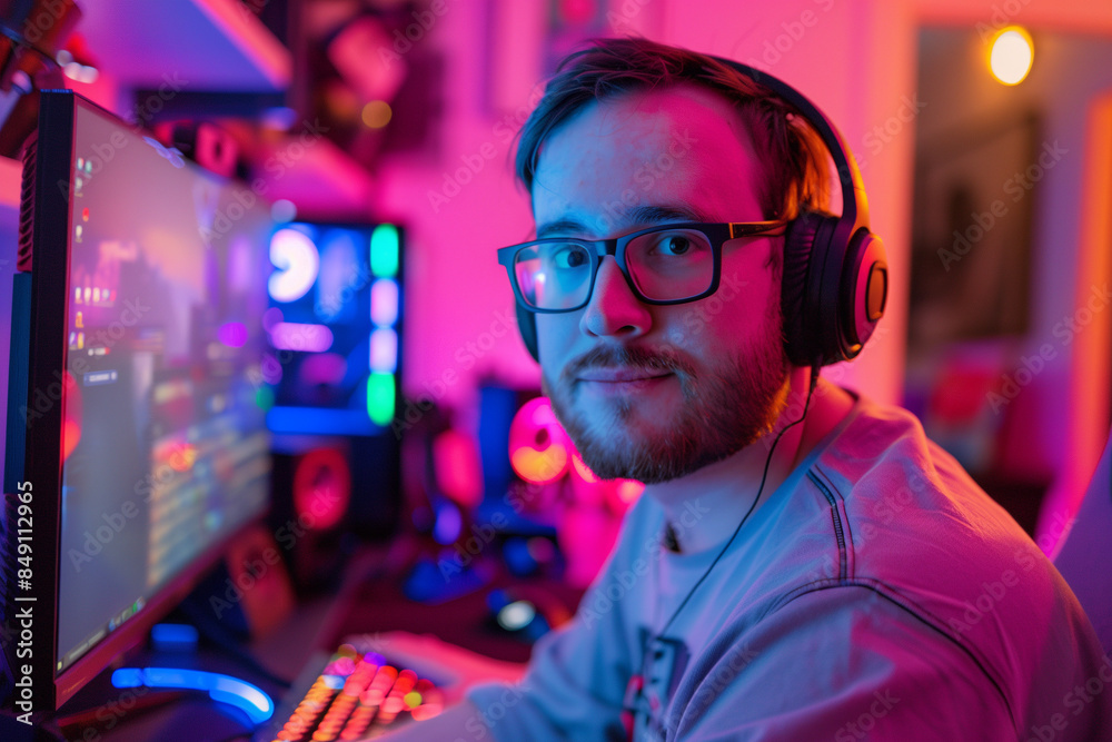 Streamer in his gamer set in his room, young man with glasses in front ...