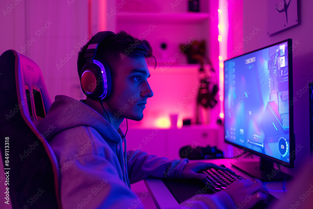 Streamer in his bedroom gamer set, playing video games with neon lights ...