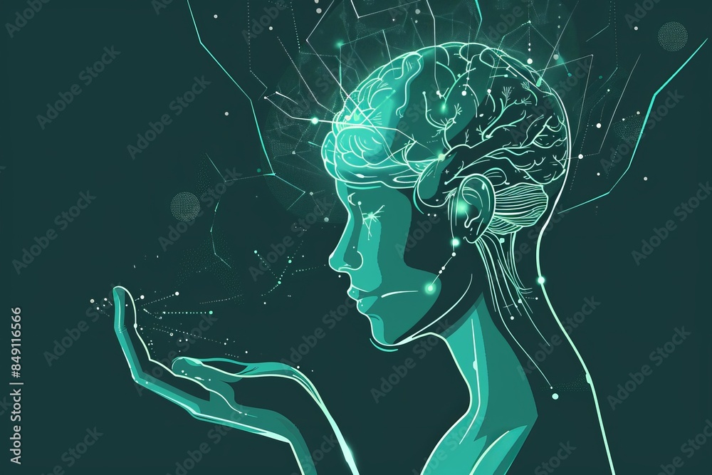 Abstract illustration of a human brain with digital connections ...