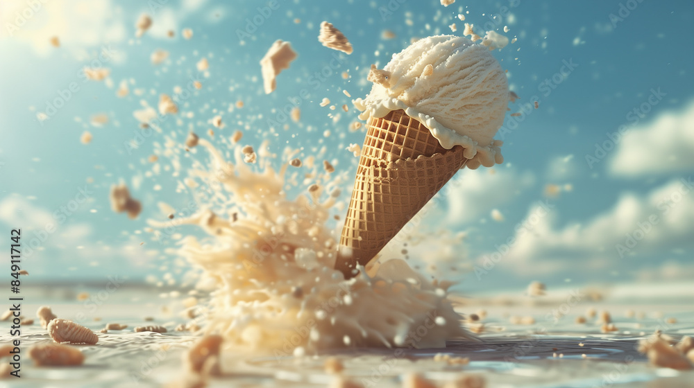 An ice cream cone lying on the ground with its contents spilled out ...