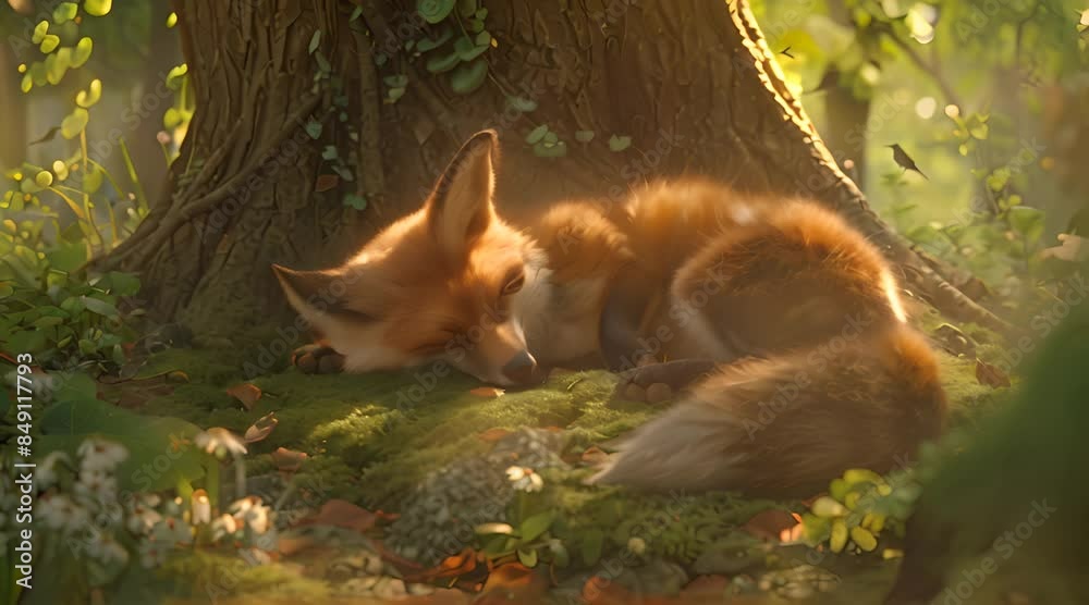 A cute fox is seen sleeping peacefully in the middle of nature near a ...