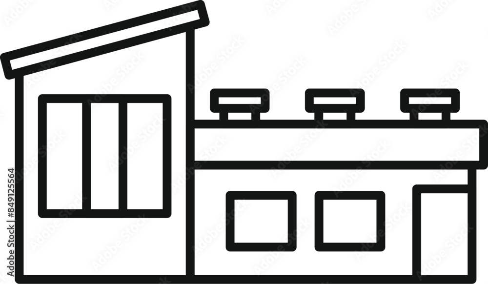 Simple line drawing of a modern factory building with rooftop air ...