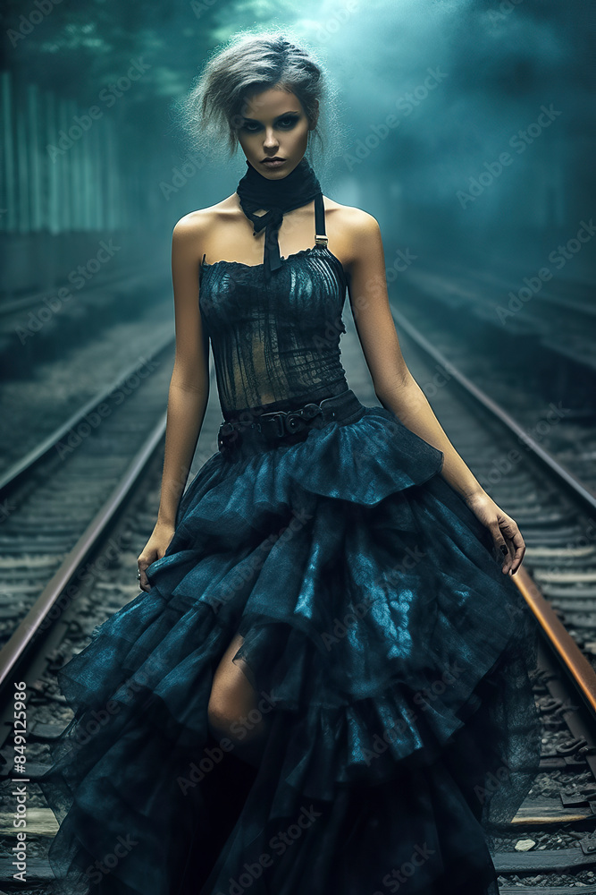 Fashionable woman in dark, layered dress standing on railroad tracks ...