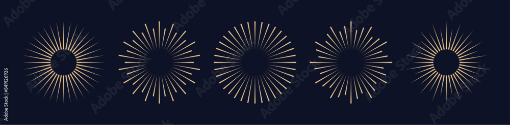 Gold sunburst collection isolated on dark blue background. Sun light ...