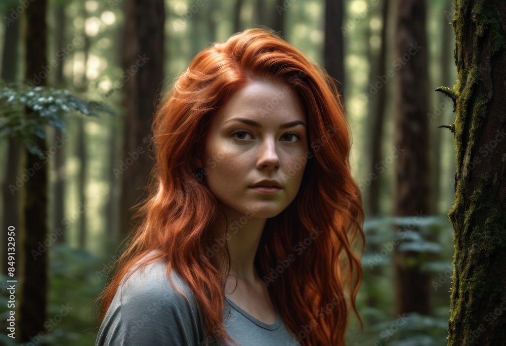 Portrait of a girl with long red hair in the woods Portrait of a girl ...