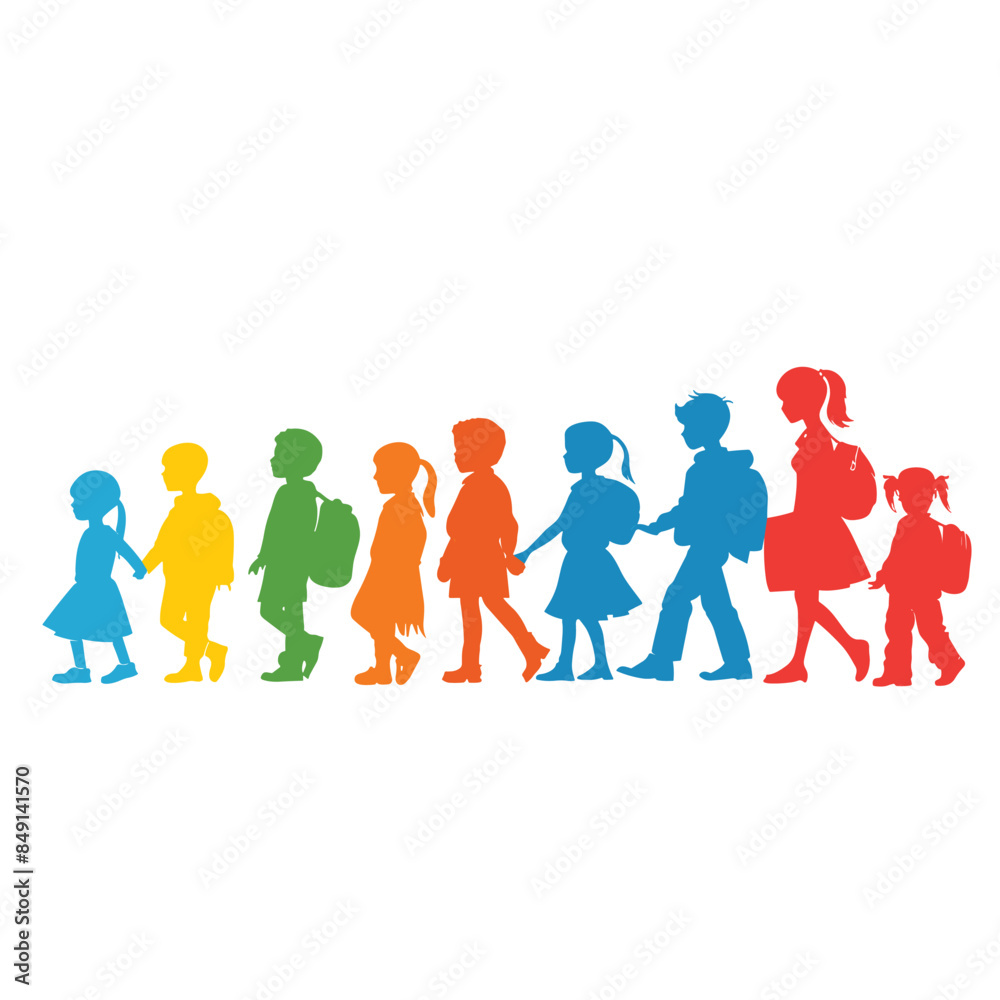 Silhouettes diverse children holding hands walking, rainbow gradient ...
