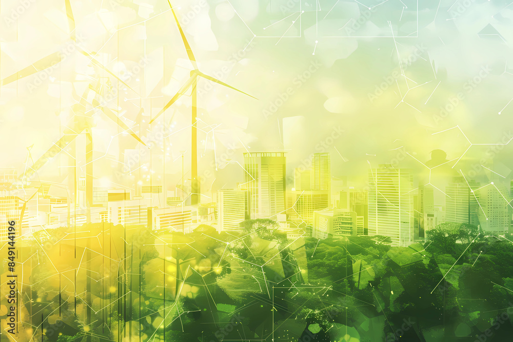 renewable energy background with green energy as wind turbines and ...