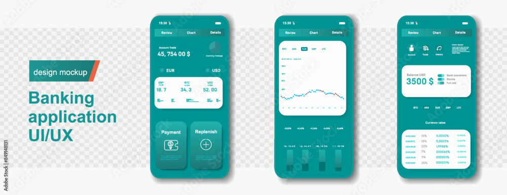 Template with mobile application pages. Financial system user interface ...