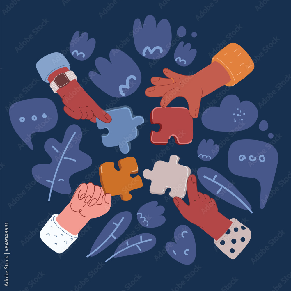 Cartoon vector illustration of Hands holding puzzle pieces. Parts ...