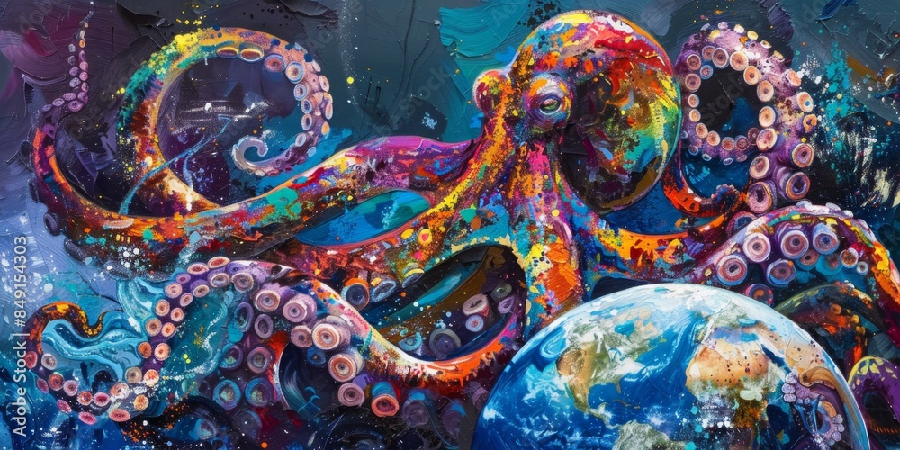 Giant octopus embraces the earth in a symphony of colors, pollution ...