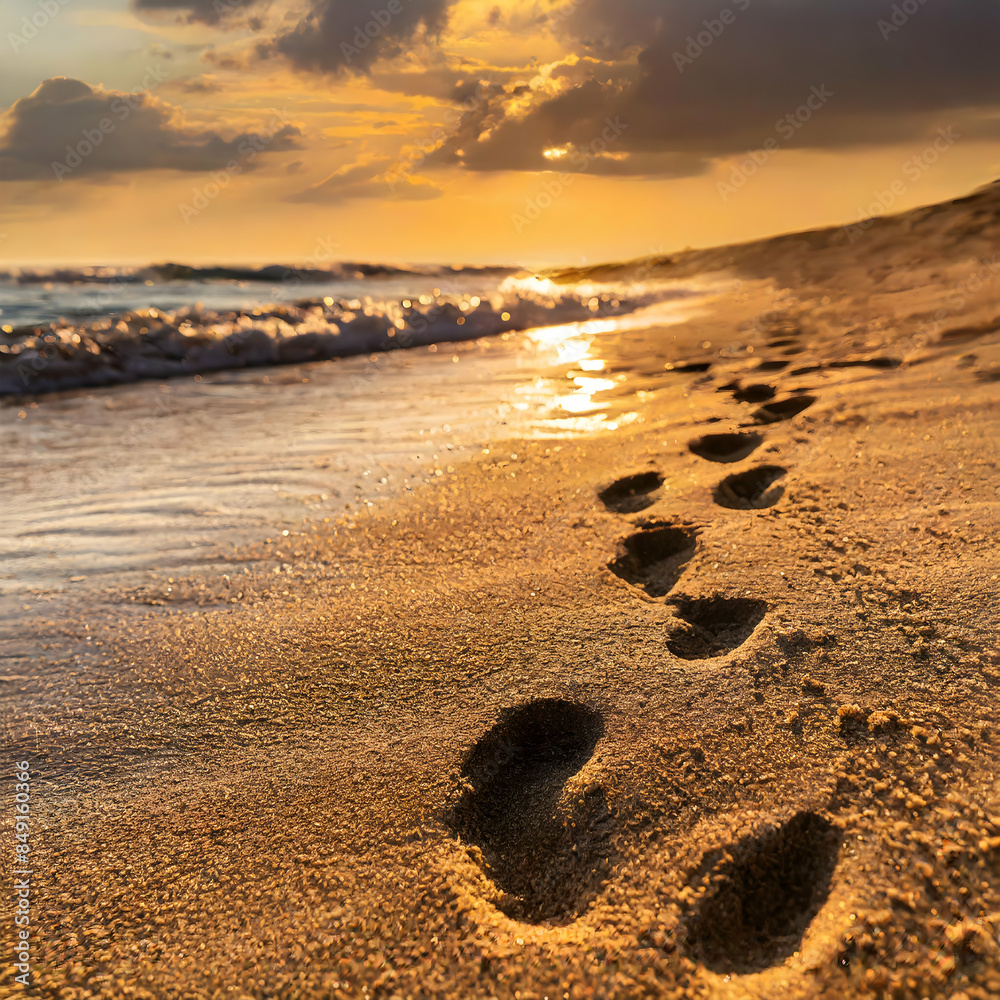 footprints in the sand.close-up footprints on beach sand at sunset ...