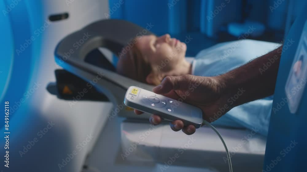 Slowmo close-up of hand of anonymous male radiologist holding remote ...