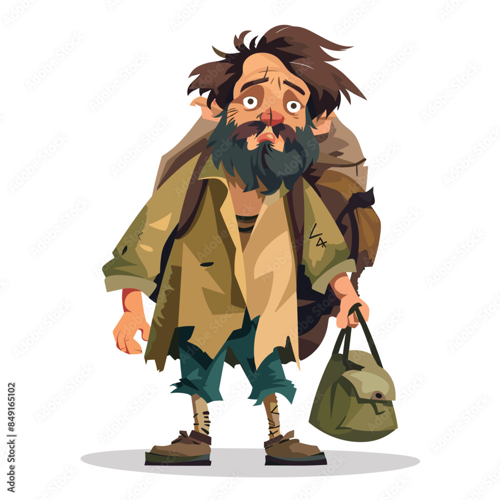 Disheveled man carrying bag, looking weary unkempt. Tattered clothes ...