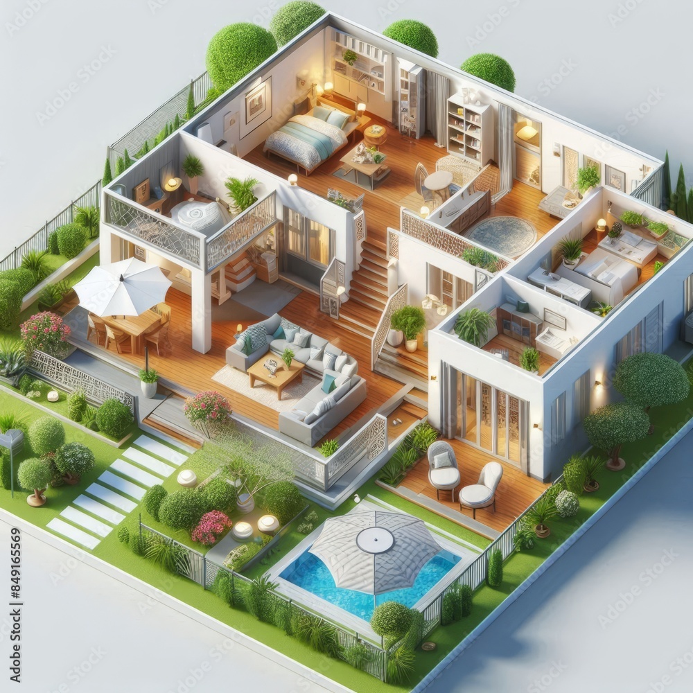 Immagine di un layout 3D di una casa moderna sopra un progetto di ...