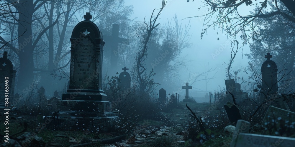 Unforgettable cemetery scene. Yearning, Jesus, cross, landscape, belief ...