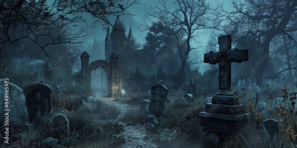 Unforgettable cemetery scene. Yearning, Jesus, cross, landscape, belief ...