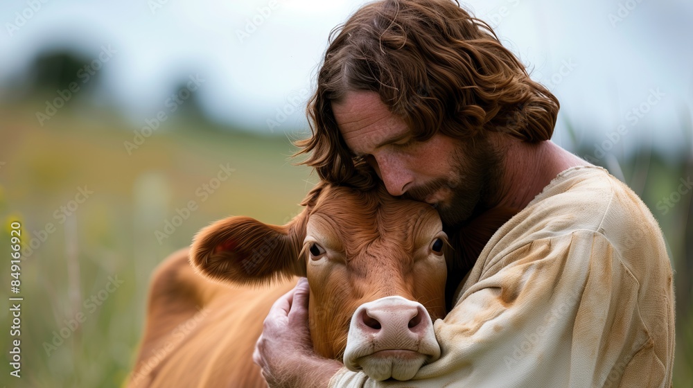 Foto de Jesus Christ gently hug a cow. animal love and care concept do ...