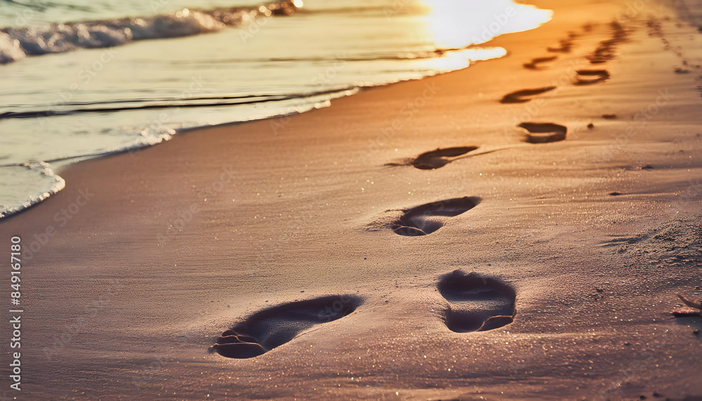 footprints on the beach.close-up footprints on the beach sand at sunset ...