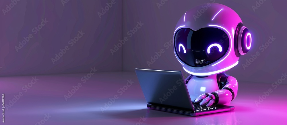 Cute friendly artificial intelligence robot using laptop computer with ...