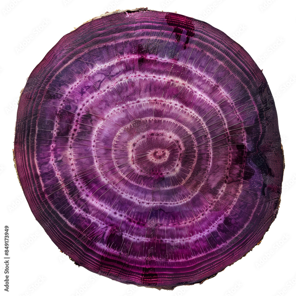 Cross section of a raw purple beet root vegetable showing intricate ...