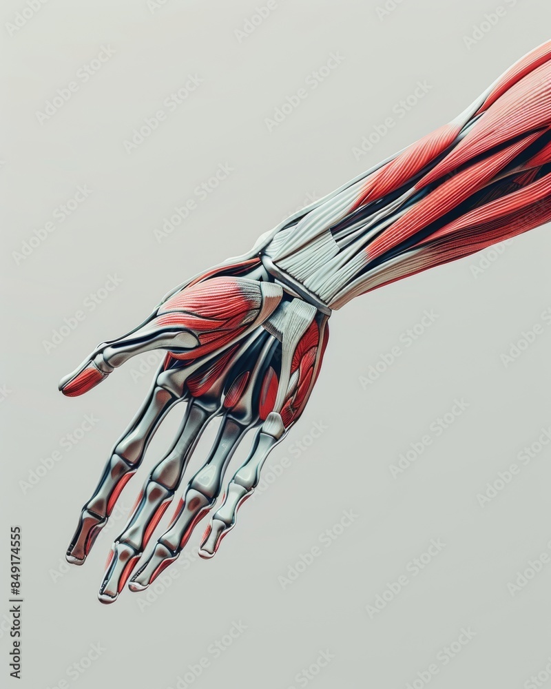 It shows the muscles and tendons under the skin of the arm, without the ...