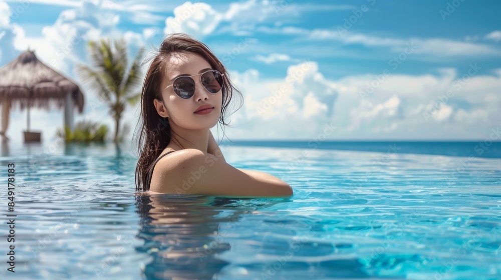 Swimsuit model beauty skincare suntan Asian woman posing sunbathing ...