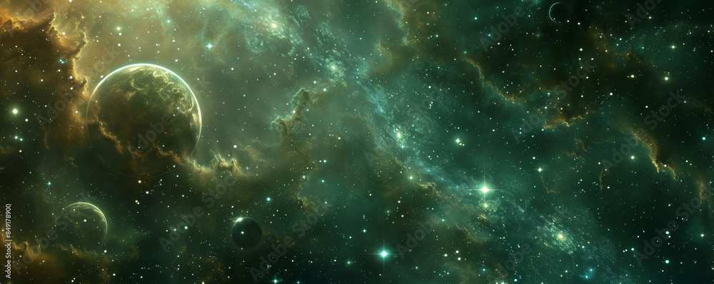 Mystical space background with deep green and gold nebulae, twinkling ...