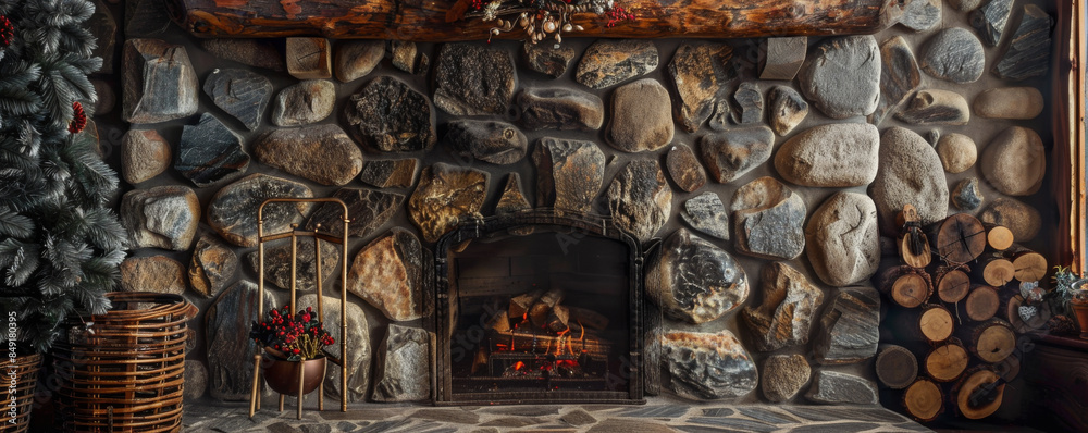 Rustic stone fireplace background with rough texture and natural grey ...