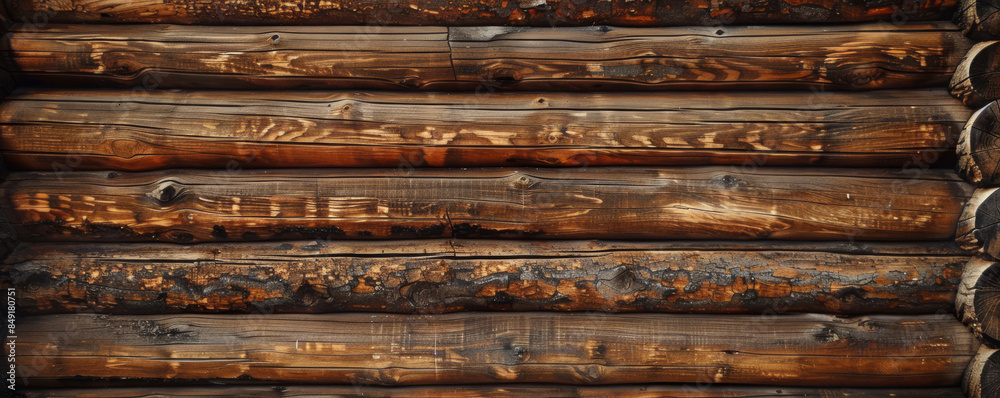 Rustic wooden log cabin background with rough texture and warm brown ...