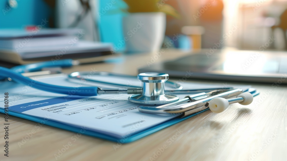 Medical record with stethoscope in hospital office background Medical ...