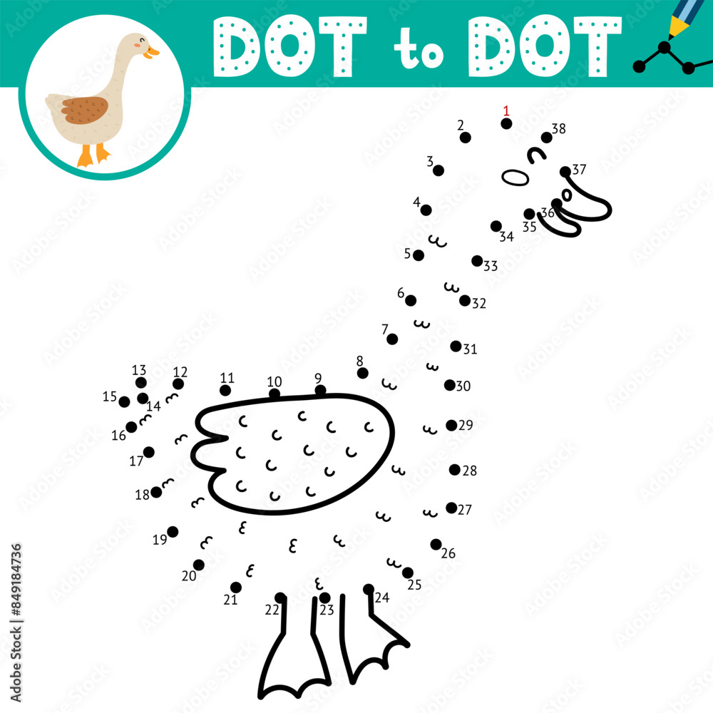 Dot to dot game for kids. Connect the dots and draw a cute goose. Farm ...