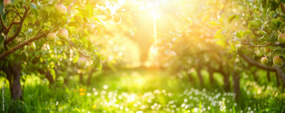 Summer background with a vibrant green orchard, fruit trees in full ...
