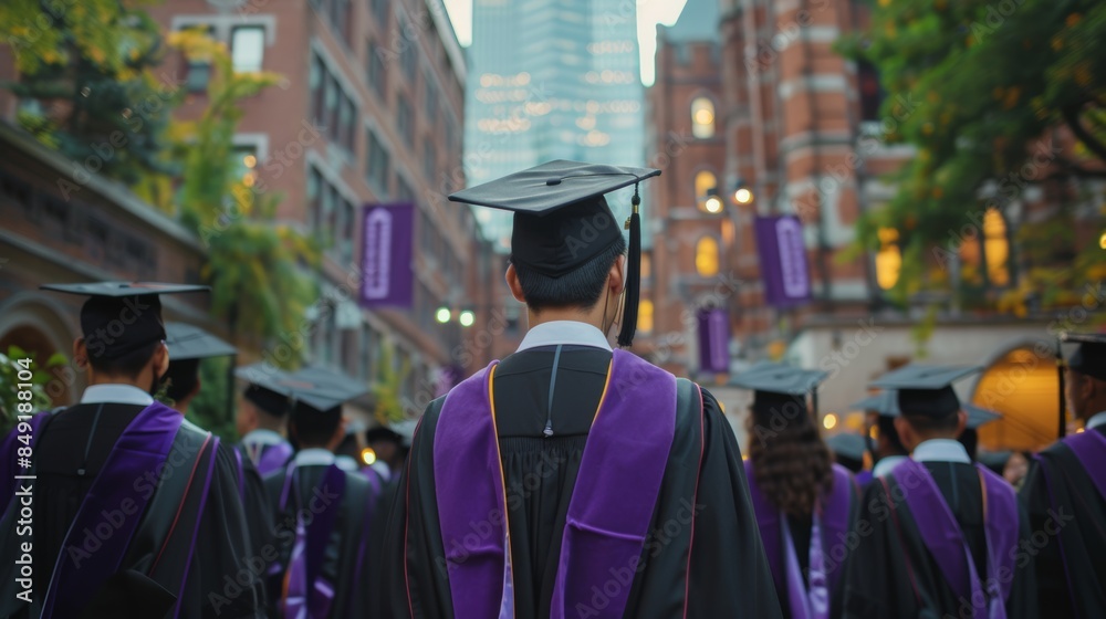 Back view of university graduates wearing gowns and caps on graduation ...